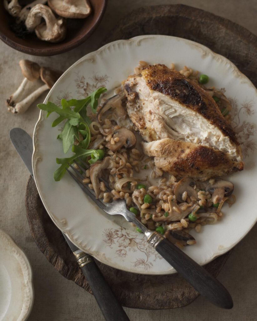 Porcini-Dusted Chicken with Wild Mushroom & Pea Risotto - Just Bare Foods